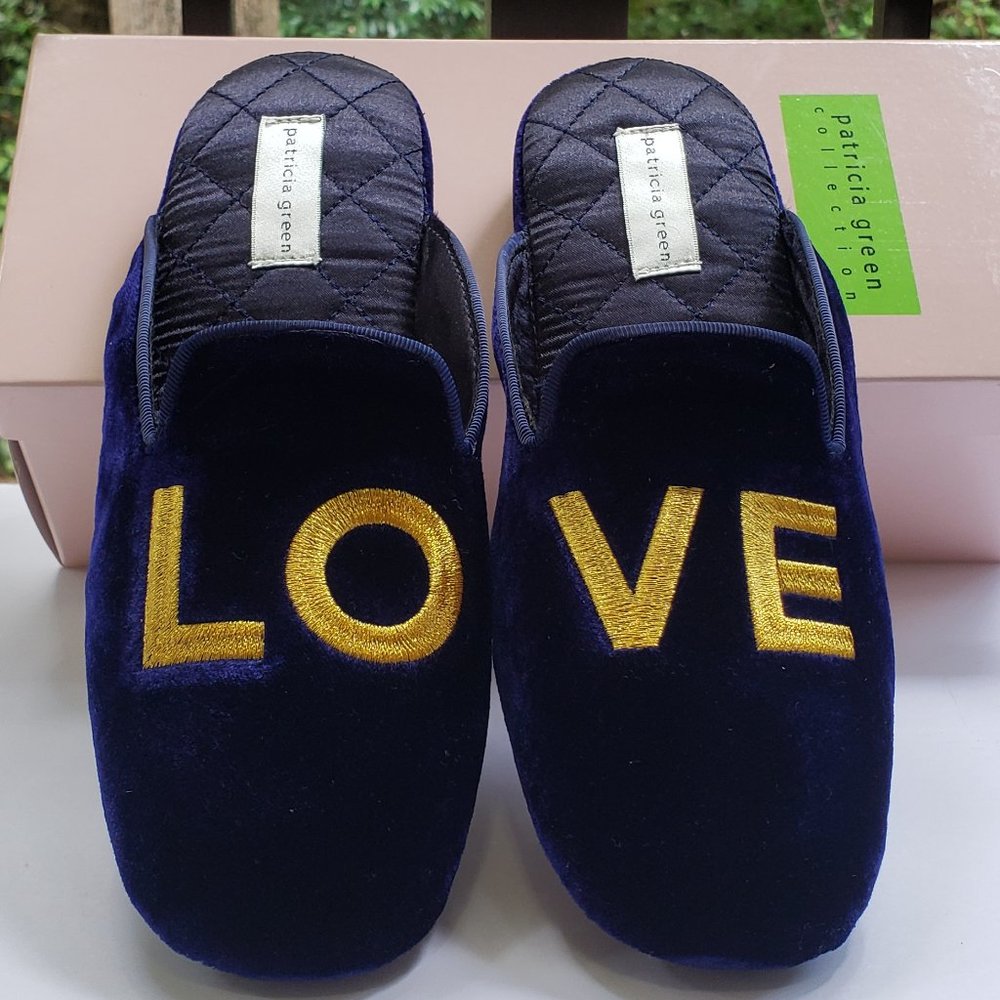 Navy Blue Velvet Slippers With Gold Lettering Nwt - Gem